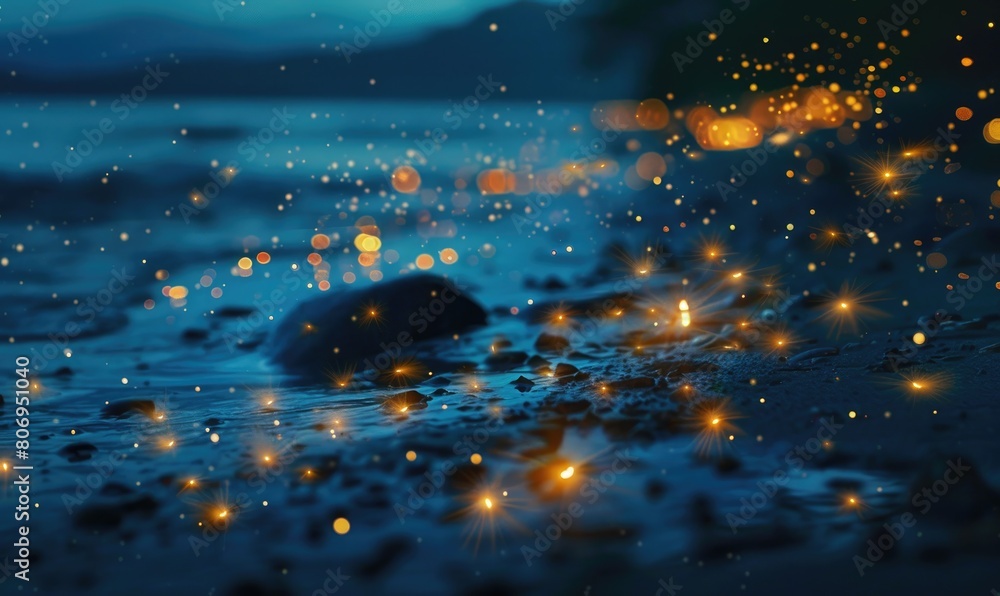 Fireflies sparkling in the night sky while sea fireflies illuminate the ...