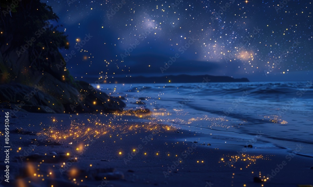 Fireflies sparkling in the night sky while sea fireflies illuminate the ...