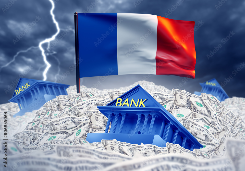 Banking crisis in France. Thunderstorm over french flag. Bank buildings ...