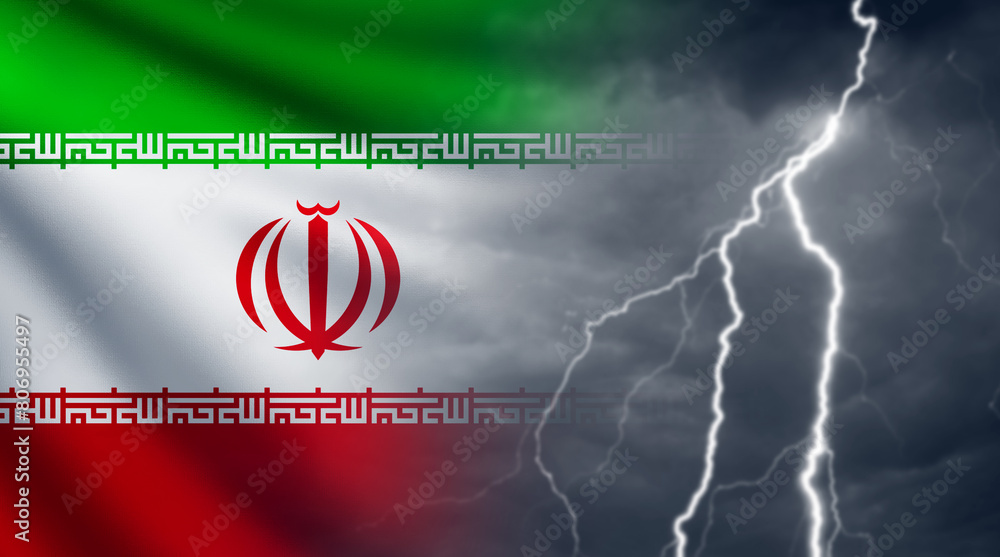 Iran flag. Cloudy sky with clouds and lightning. Political symbol of ...