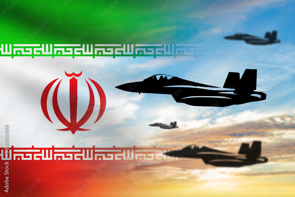 Iranian air force. Fighters flying in sky. Silhouettes military ...