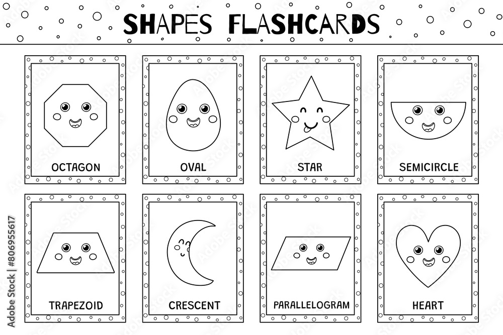 Shapes flashcards black and white collection for kids. Flash cards set ...