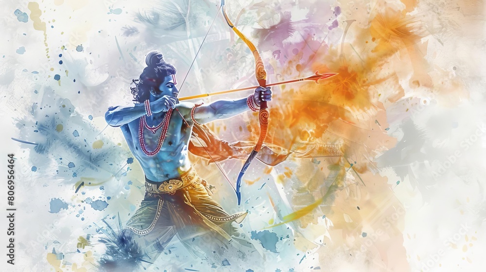 Poster artistic watercolor illustration of lord rama in action pose for ...