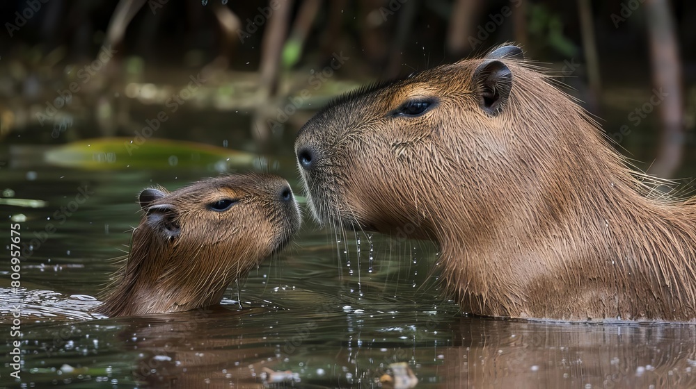 capybara connection adult and young capybara interacting puerto ...
