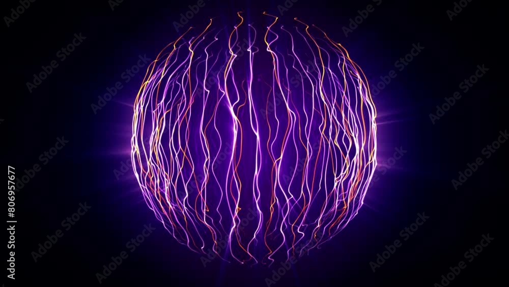 Seamless loop animation of abstract energy sphere field with purple and ...