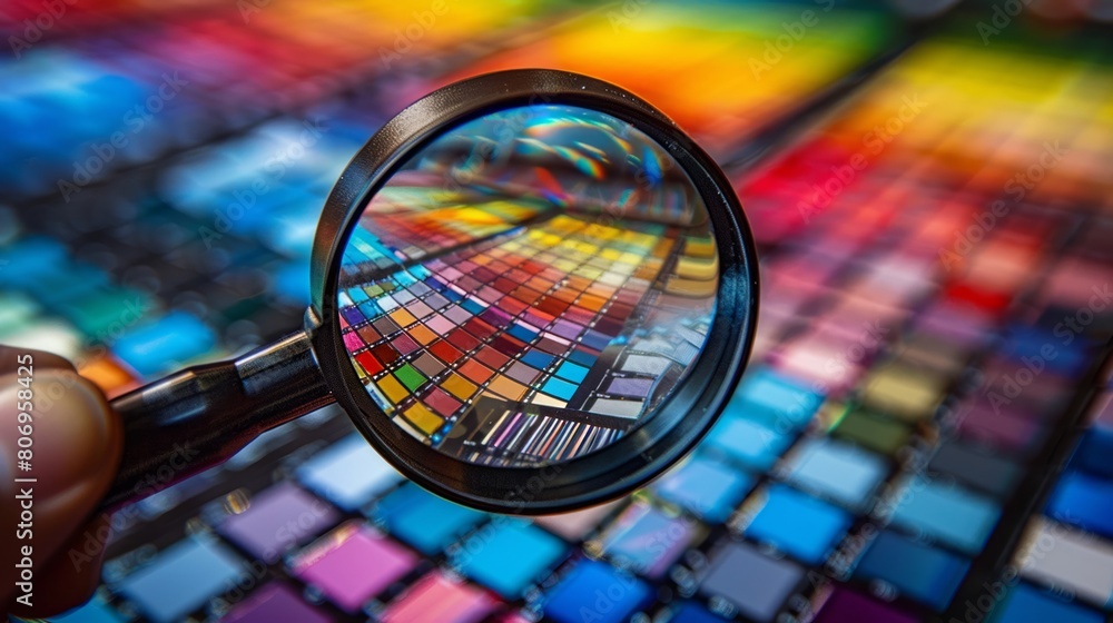 Detailed inspection of a print color chart under a magnifying glass ...