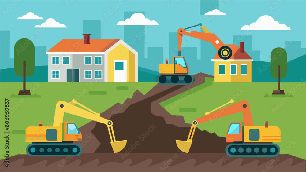 Excavators digging up the ground around the building to install deeper ... Excavators digging up the ground around the building to install deeper ...