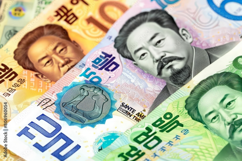A pile of South Korean currency notes stacked on top of each other ...