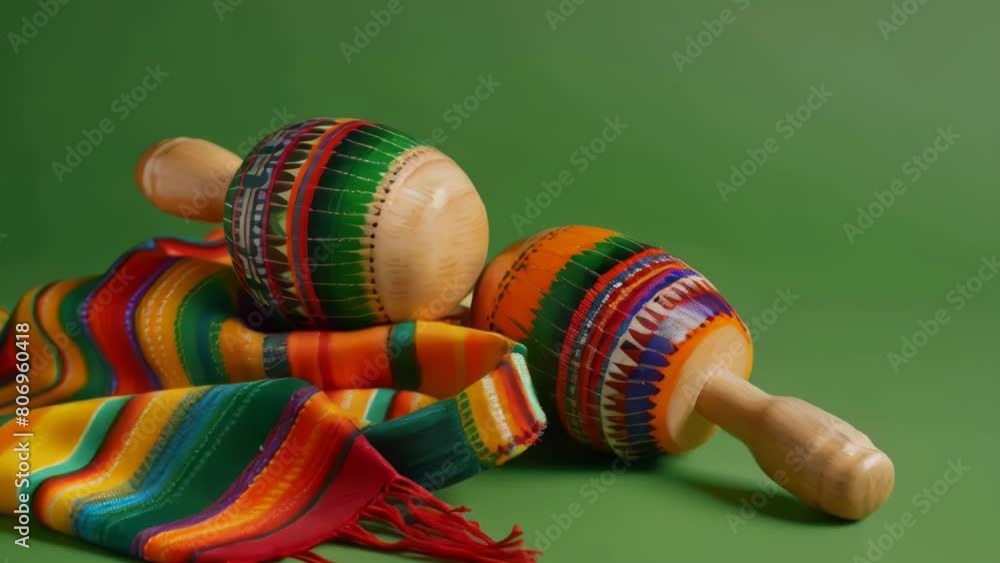 Two wooden maracas are on top of a colorful cloth. The cloth is green ...