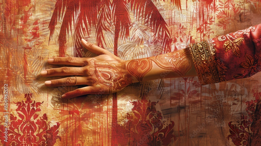 A hand with henna on it is shown on a red background. The hand is the ...