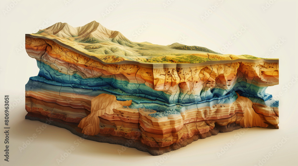 A detailed layered geological cross-section artwork showcasing the ...