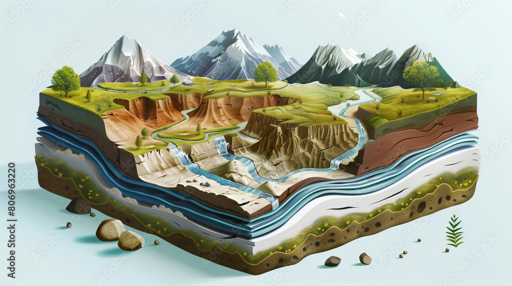 Illustration of a cross-section of a landscape showing layers of earth ...