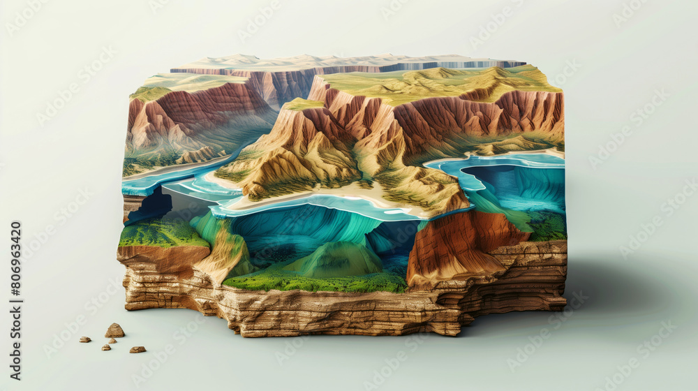 Illustrative landscape cross-section with colorful layers of geological ...