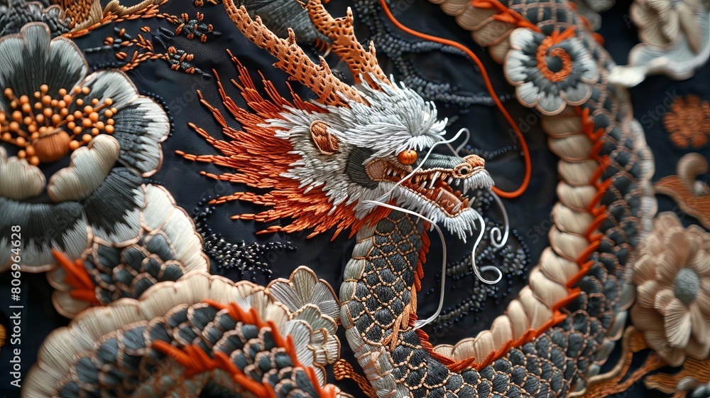 intricate stumpwork embroidery of mythical dragon on dark background ...
