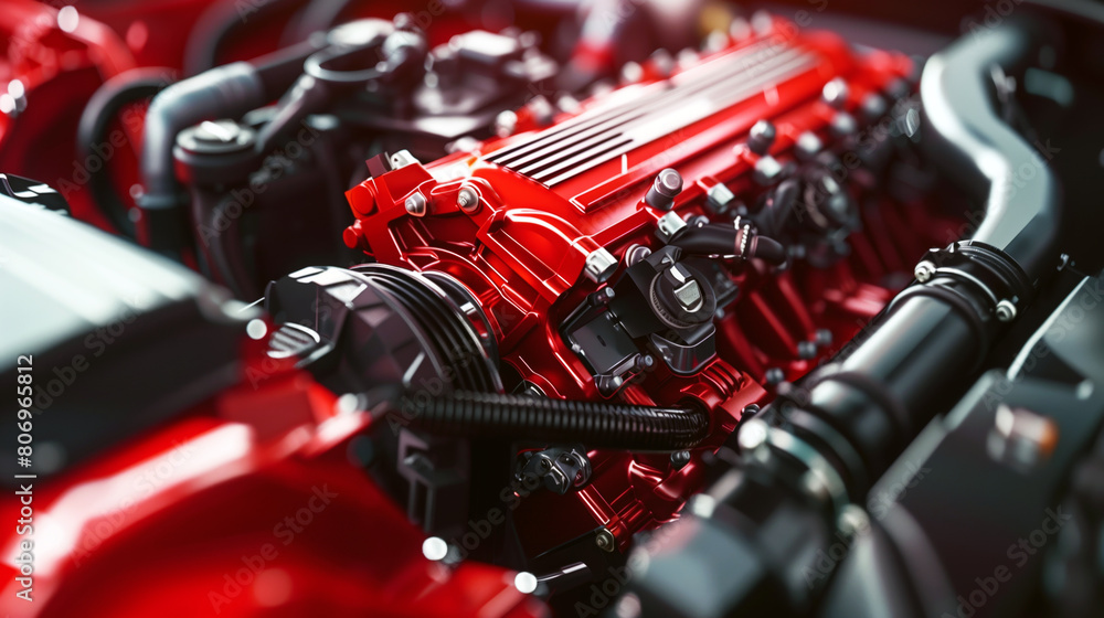 Detailed close-up of a red sports car engine showing various components ...