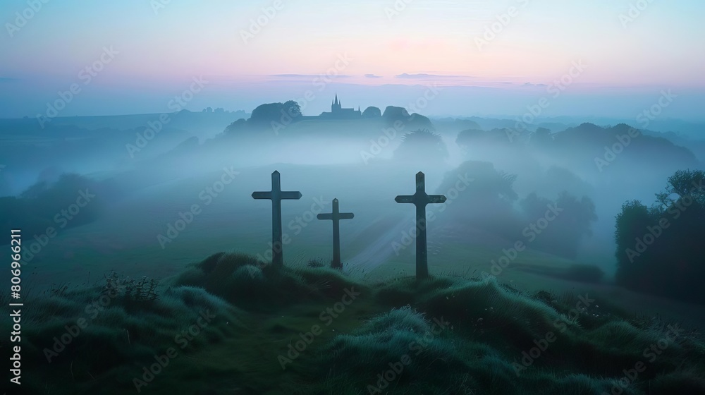 misty hill with three crosses at dawn spiritual christian landscape ...