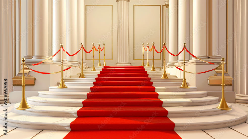 Elegant grand staircase with red carpet and gold stanchions in a ...