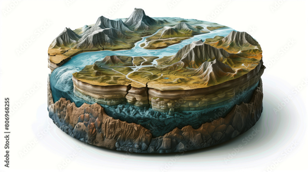 Highly detailed cross-section model of a diverse terrain featuring mountains, rivers, and ...