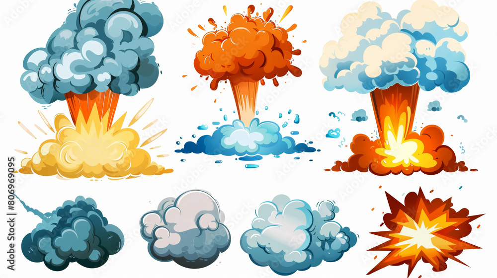 Colorful cartoon explosions and clouds depicted in a lively and dynamic ...