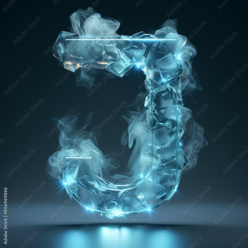 Abstract 3D render letter J made of block of ice on dark blue grey ...