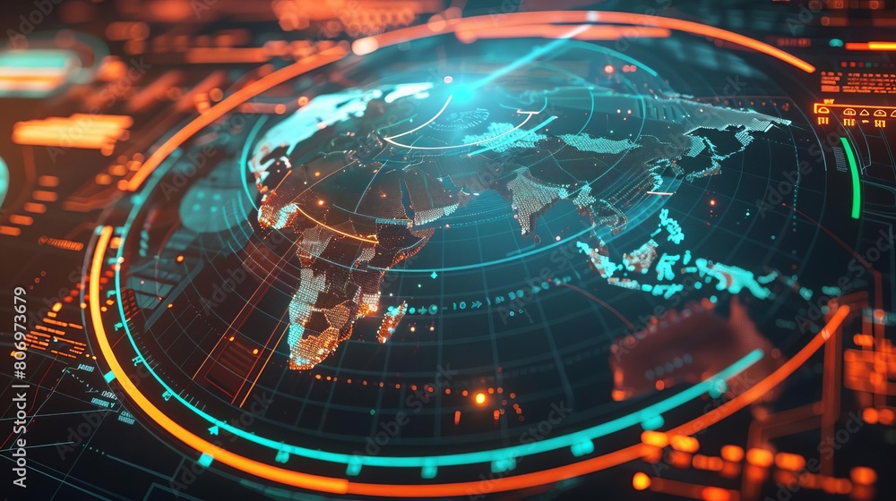 global topographic map with futuristic radar interface communication ...