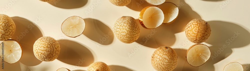 Stylish poster featuring artistic arrangements of floating banana ...