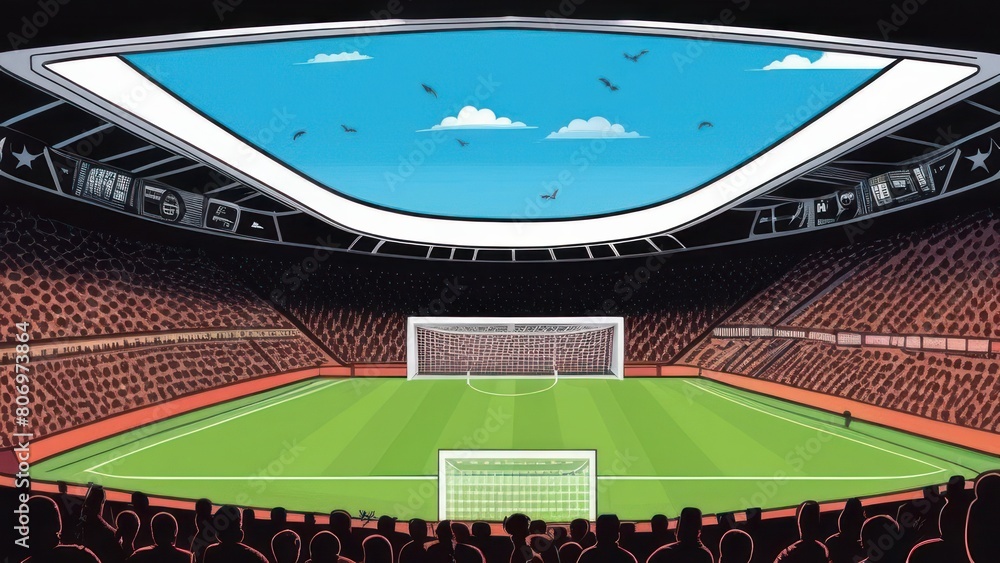 view of a full stadium with an illuminated soccer field under blue sky ...