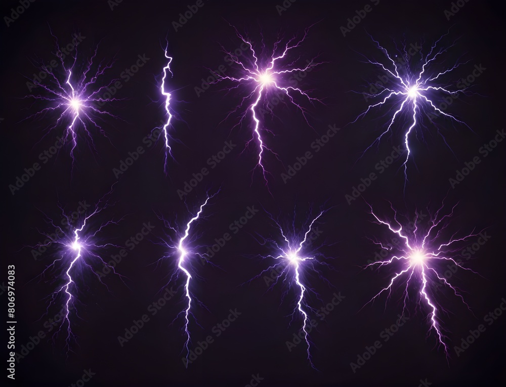 Purple Lightning bolt strike set. Isolated transparent background. Zeus ...