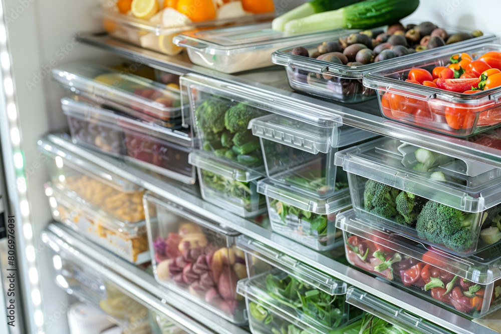 Well-organized fridge shelf filled with various fresh fruits and ...
