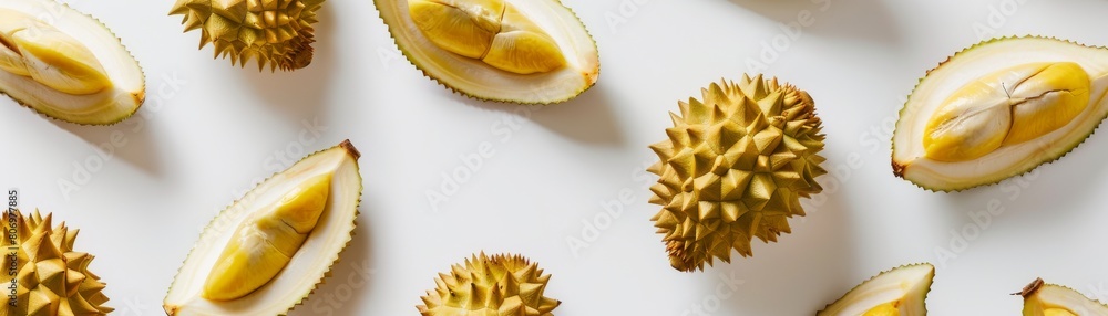 Minimalist design poster of sliced durian segments floating against a ...