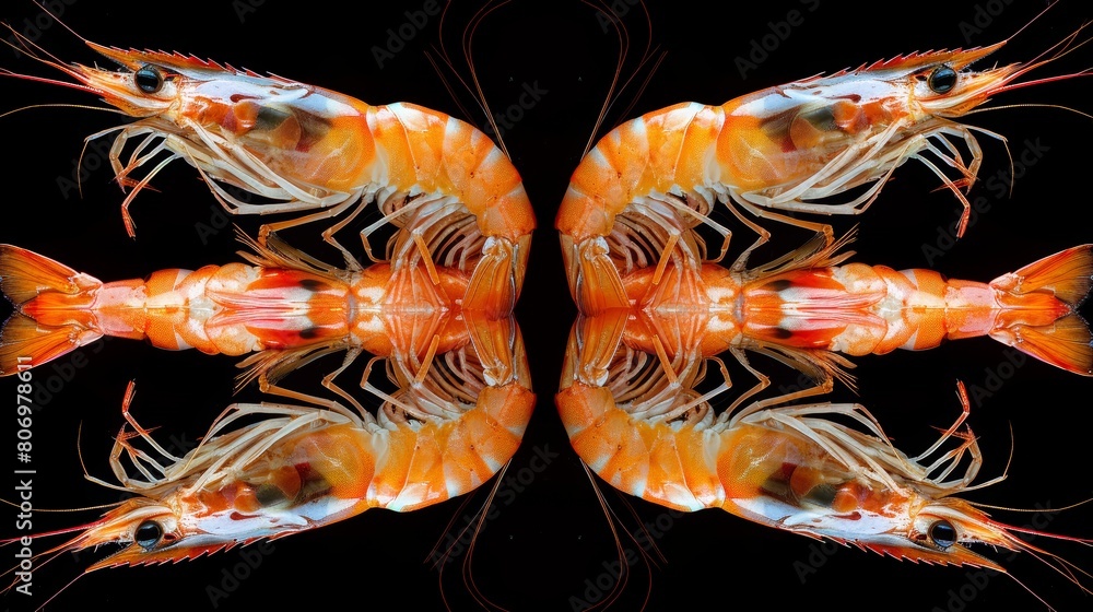 Artistic top view portrait of shrimp meticulously arranged in a ...