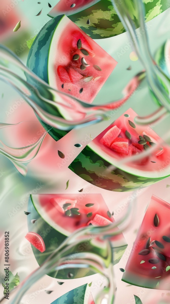 Dynamic graphic poster with watermelon segments suspended in space ...