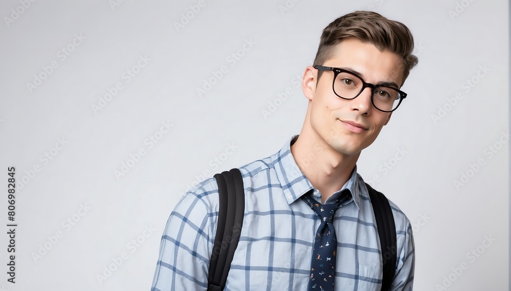 handsome charming nerd male model studio portrait on plain white ...