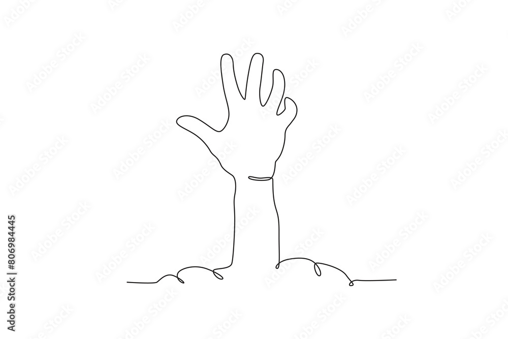 One continuous line drawing of Zombie hands come out of the ground ...