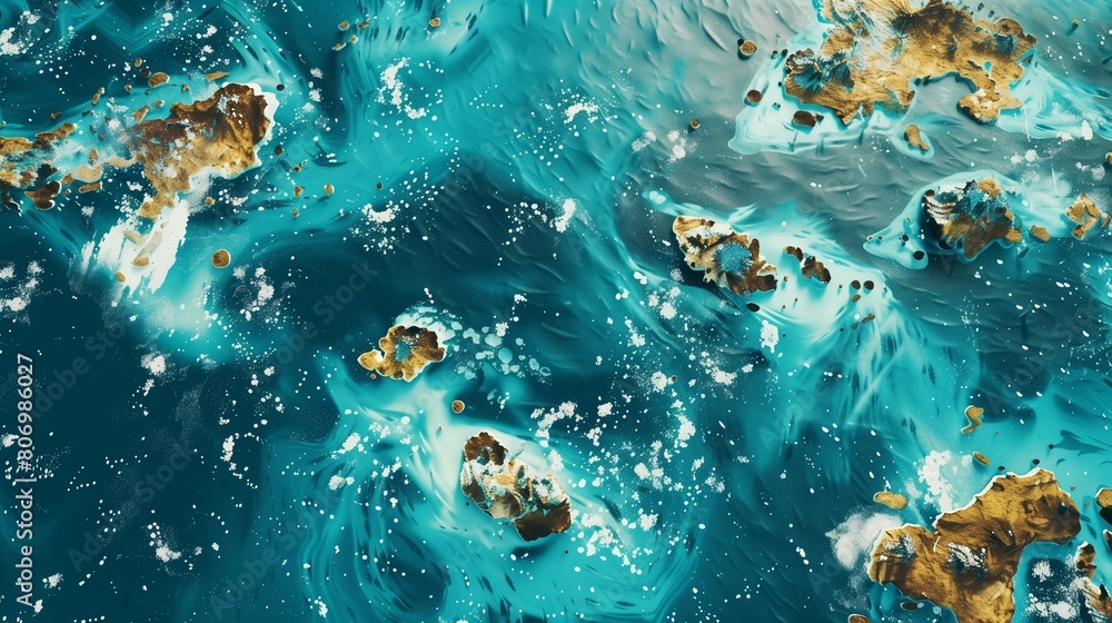 Art-inspired abstract map, paint splatters depicting turbulent waters ...