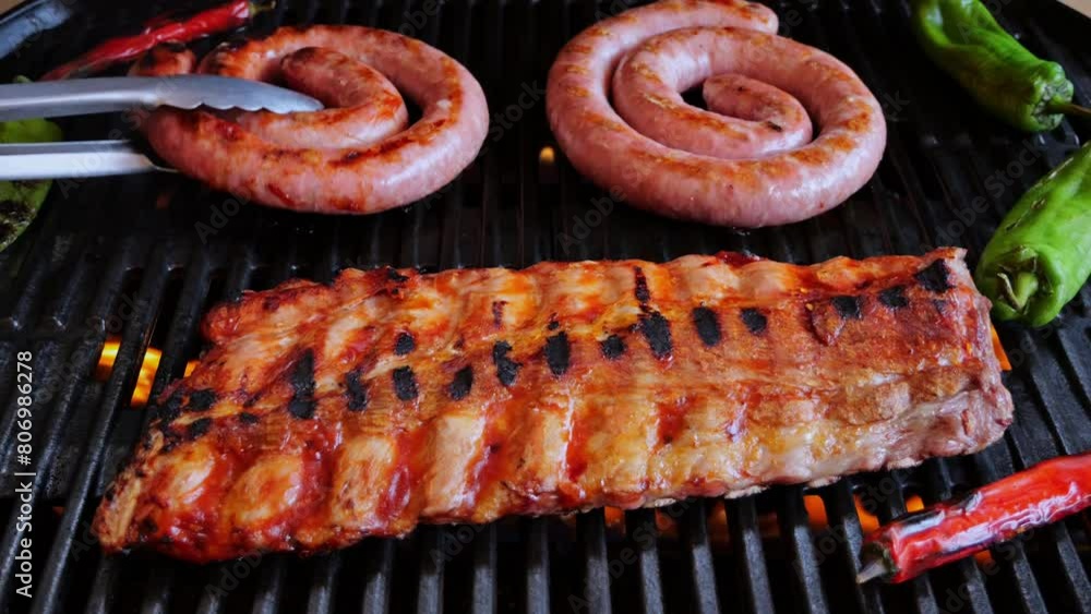Chef turns over natural sausage on grill, twisted spiral. Cooking pork ...