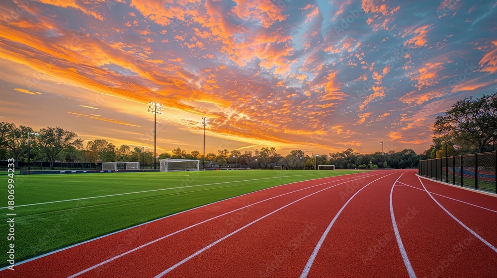 Wide angle of a multi-sport complex featuring a striking red running ...