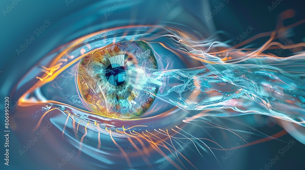 3D schematic of the eyes fluid dynamics, Xray style, illustrating aqueous humor circulation ...