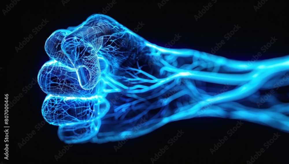 A close-up of a clenched fist, with veins highlighted in blue to depict ...