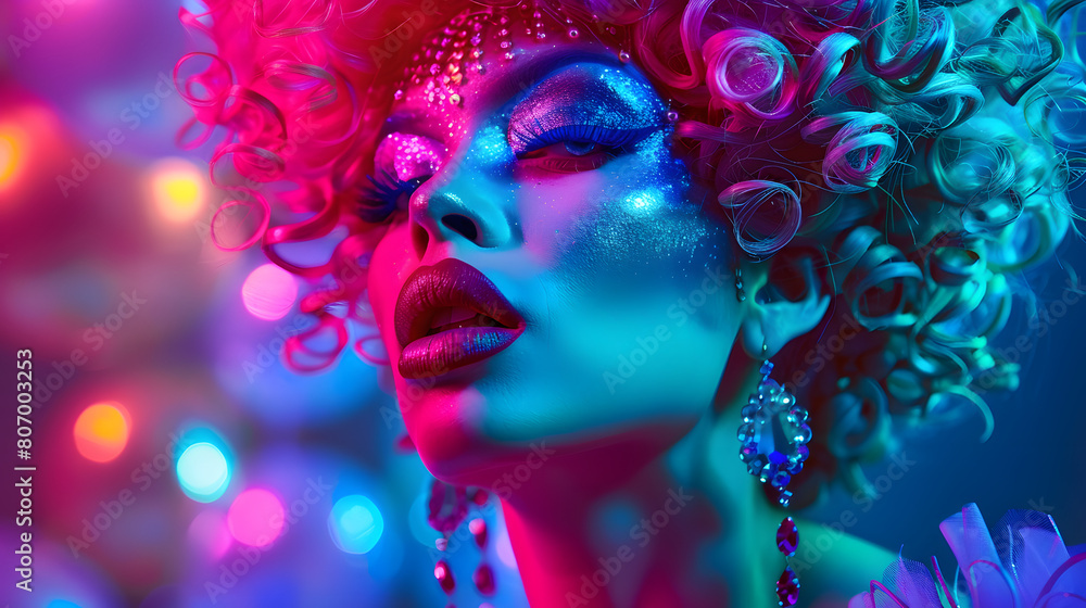 an elegant drag queen in colorful makeup and wigs, posing on stage with ...