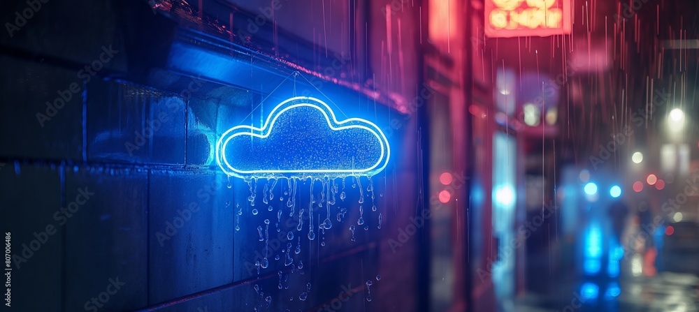 A neon sign of a rain cloud glowing in the dark, with rain falling from ...