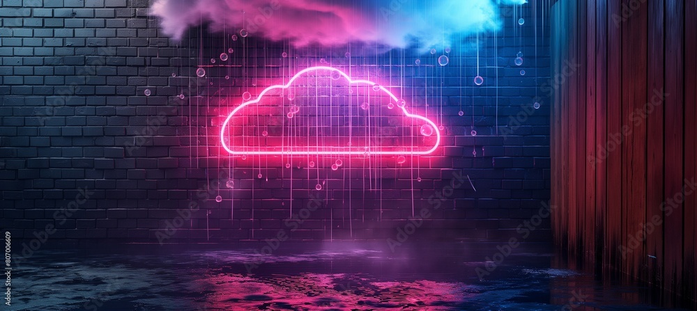 A rain cloud neon sign illuminating the darkness, with cascading ...