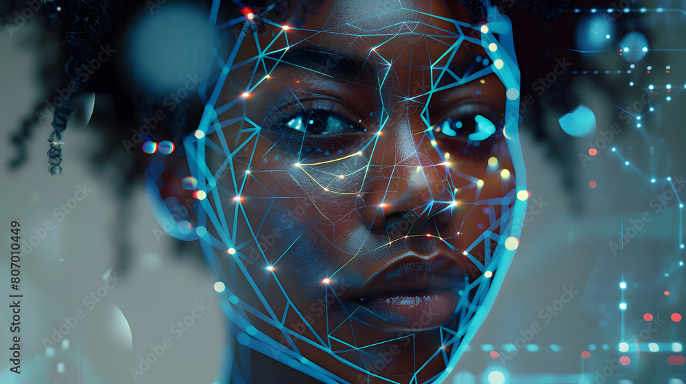 African american female cyber security analysts face with AI facial ...
