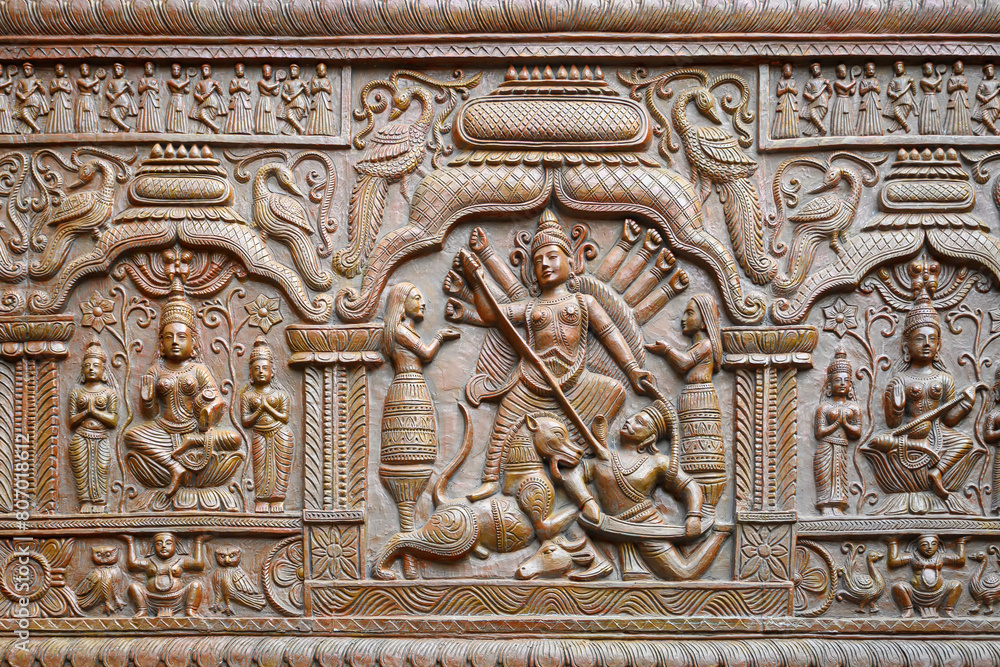 Idol of Goddess Devi Durga at a decorated puja pandal in Kolkata, West ...