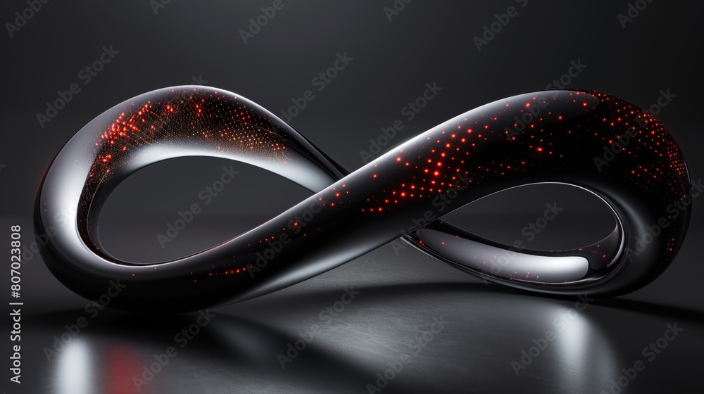 Black Mobius strip infused with glowing red particles, presented on a ...