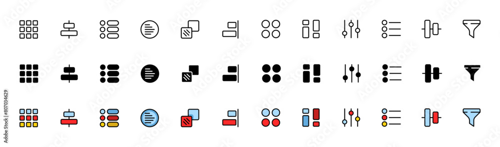 Charts icons collection. Linear, silhouette and flat style. Vector ...
