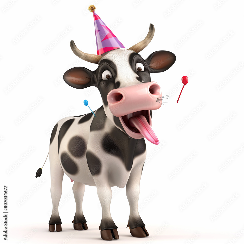 Funny cartoon cow wearing party hat and sticks out tongue isolated over ...
