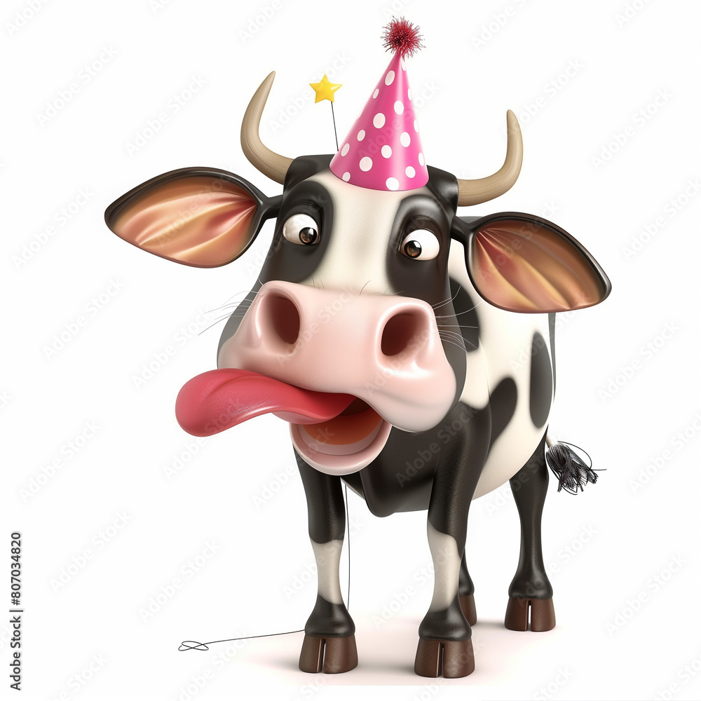 Funny cartoon cow wearing party hat and sticks out tongue isolated over ...
