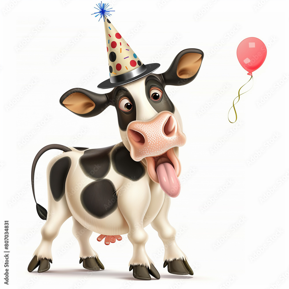 Funny cartoon cow wearing party hat and sticks out tongue isolated over ...