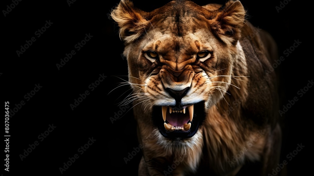 Angry female lion showing teeth and charging towards enemy on black ...